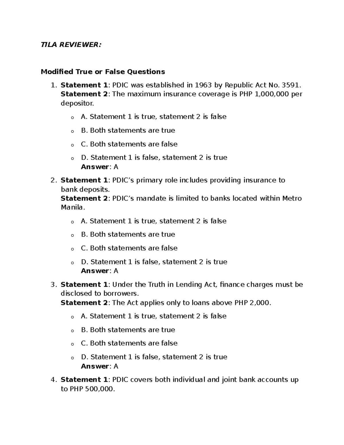 TILA 101: Modified True or False Questions & Answers Review - Studocu