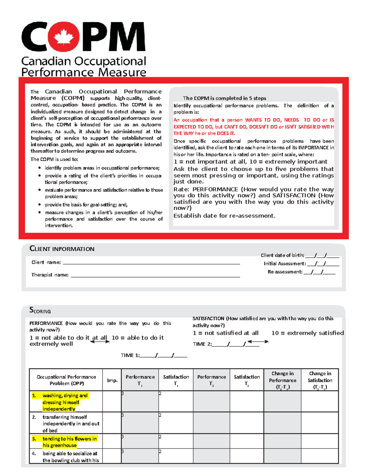 COPM Assessment: Evaluating Occupational Performance Issues - Studocu