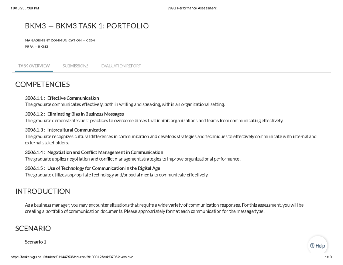 BKM3 Task 1: Communication Portfolio for Performance Assessment - Studocu
