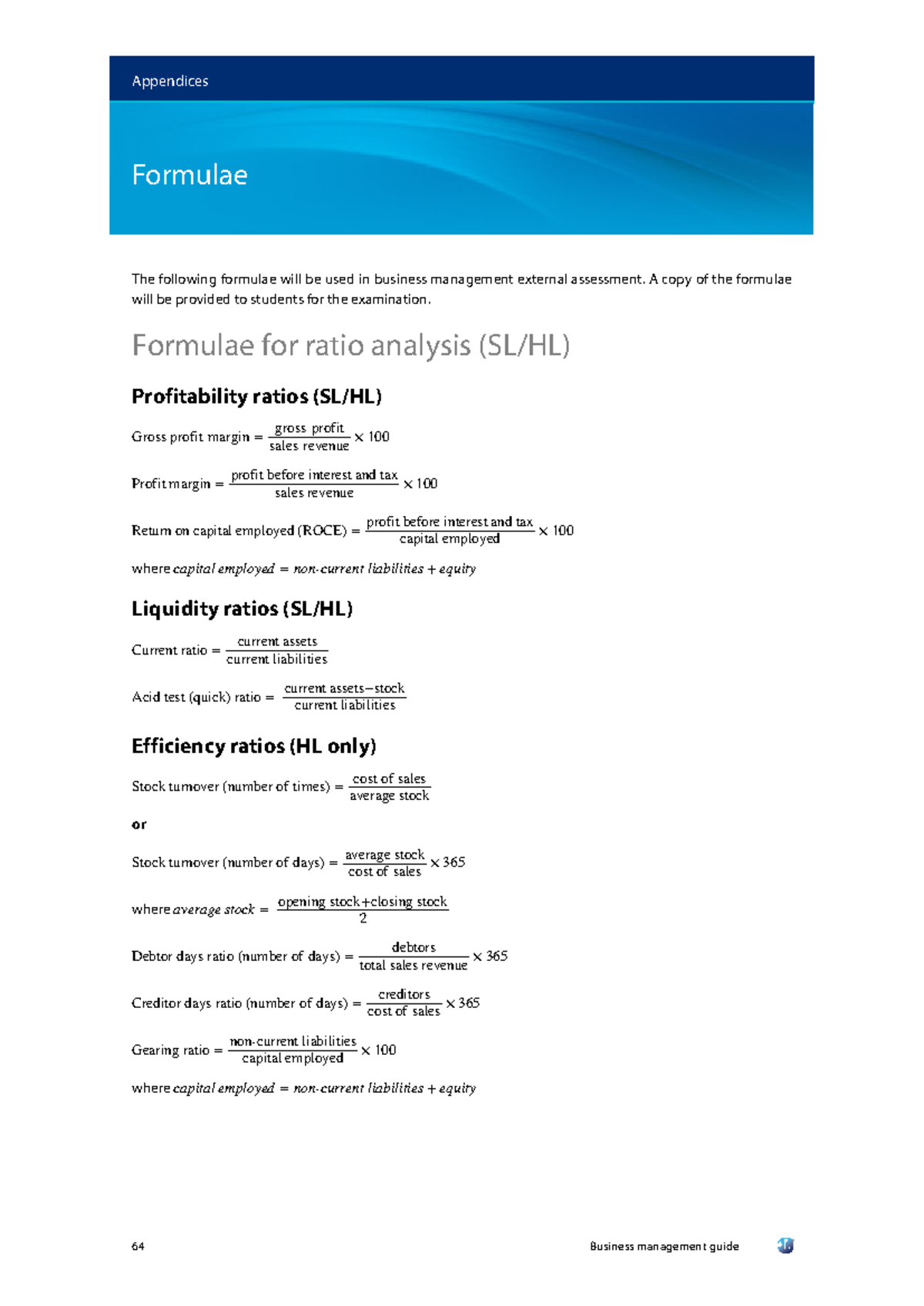 Business Management Formula Sheet 2024: Key Ratios (SL/HL) - Studocu