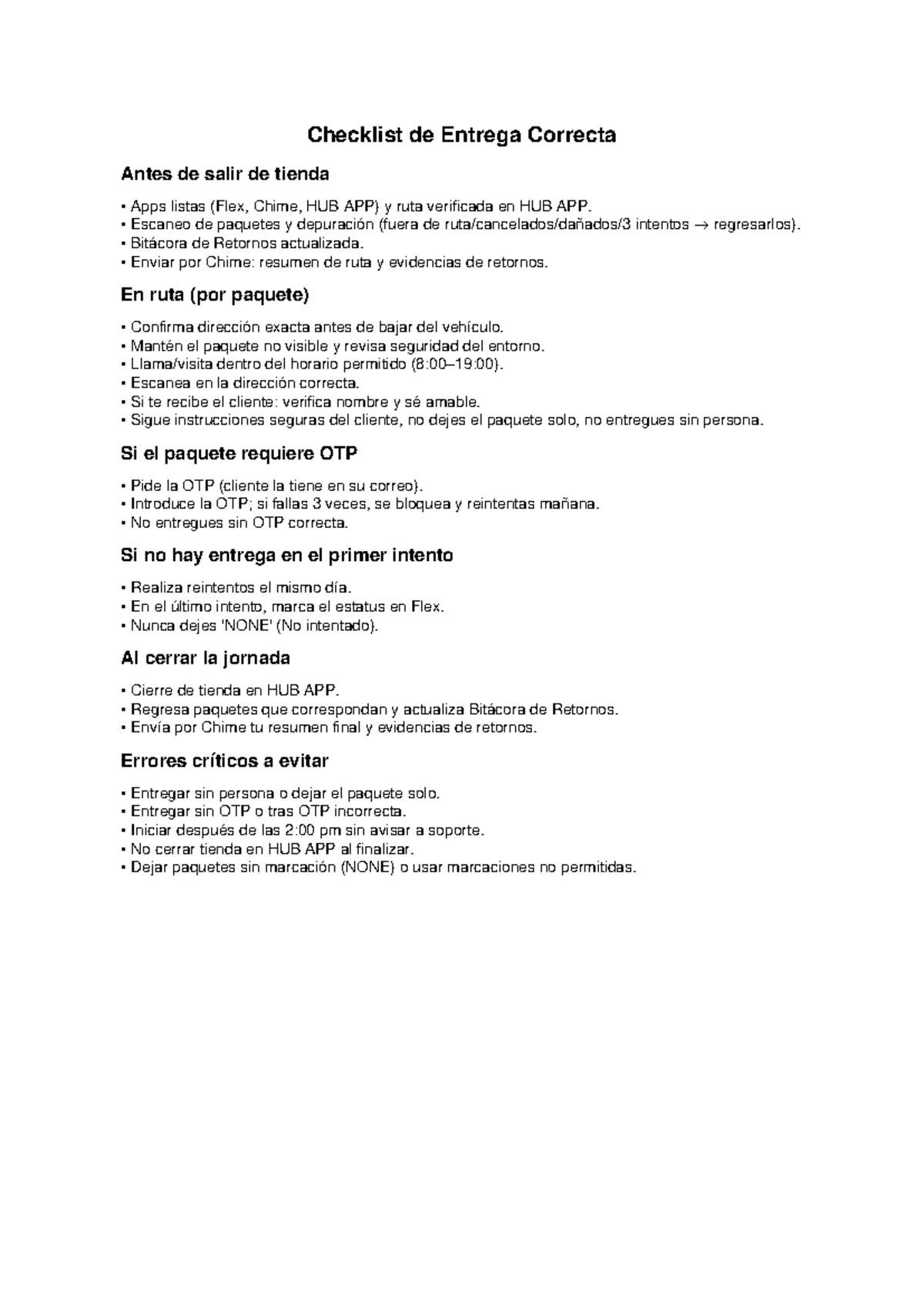 Checklist de Entrega Correcta para Apps (Flex, Chime, HUB APP) - Studocu