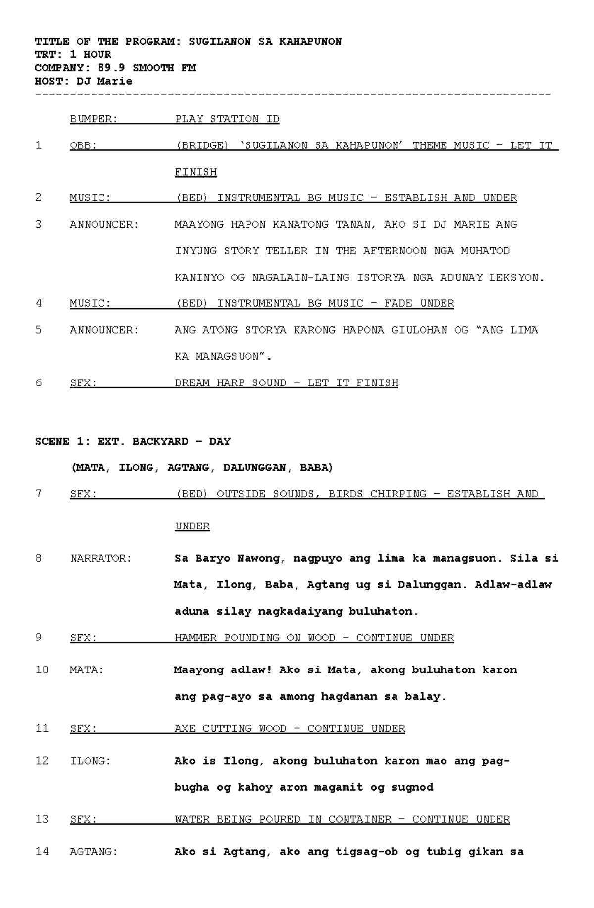 Sugilanon sa Kahapunon: Radio Drama Script Sample Format for 89.9 FM ...