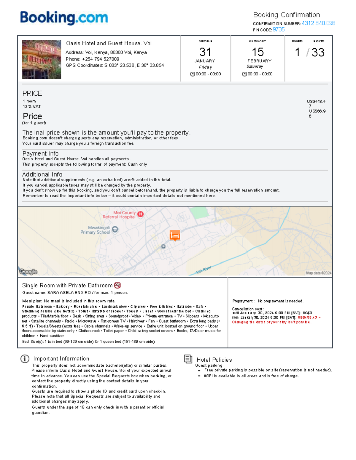 SARA Asela Endiro Hotel Booking Kenya - Booking Confirmation ...