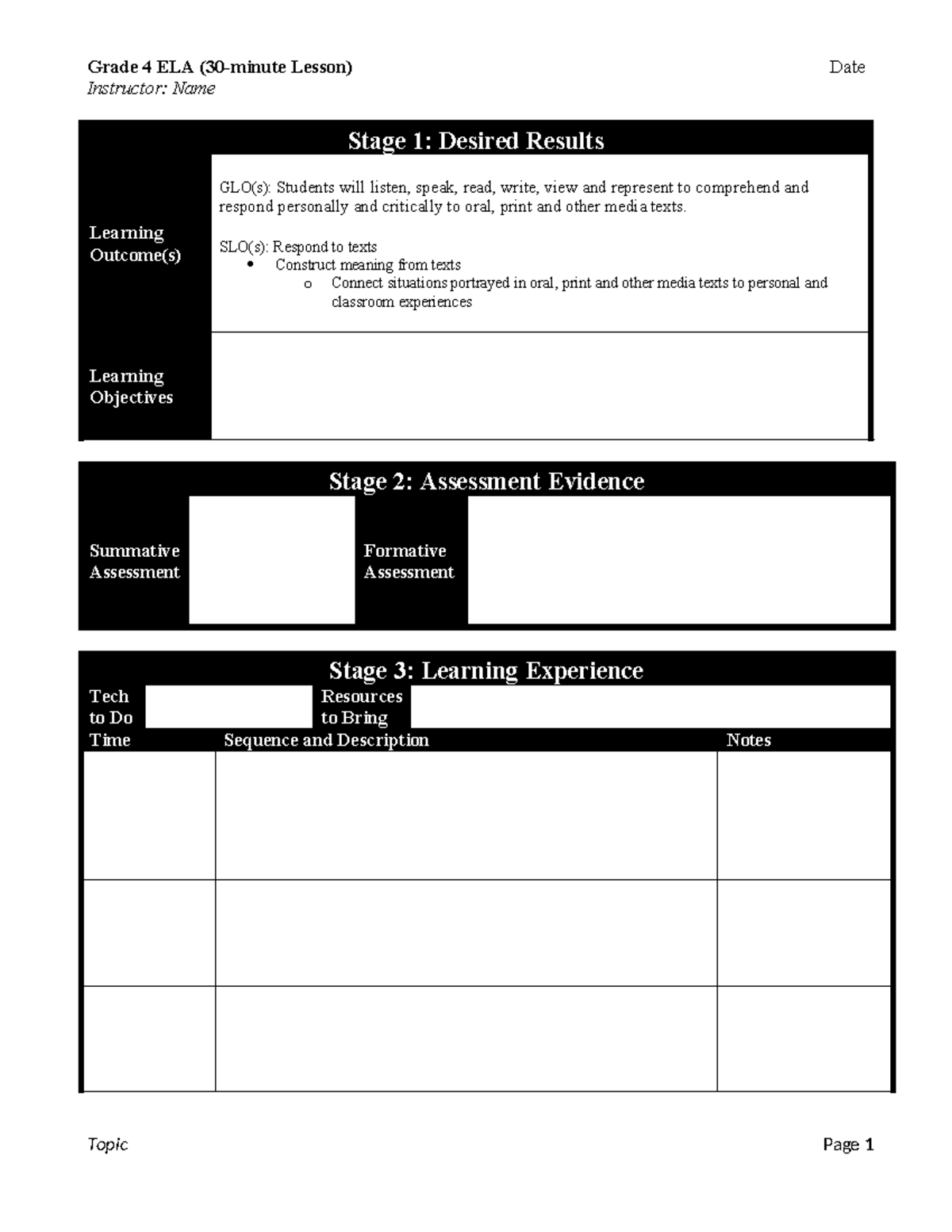 Grade 4 ELA Lesson Plan Template - Grade 4 ELA (30-minute Lesson ...
