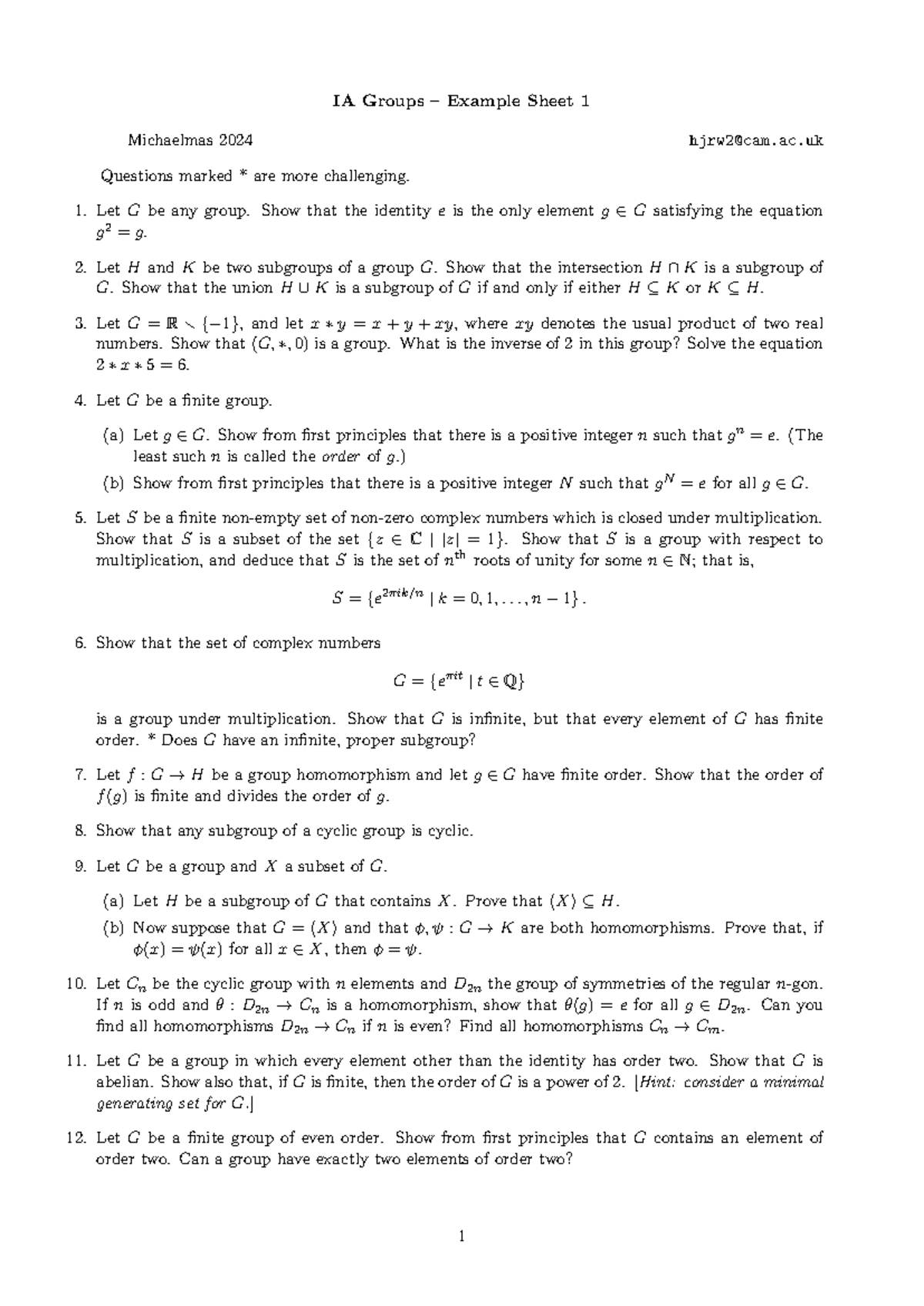 IA Groups – Example Sheet 1 Questions and Explanations 2024 - Studocu