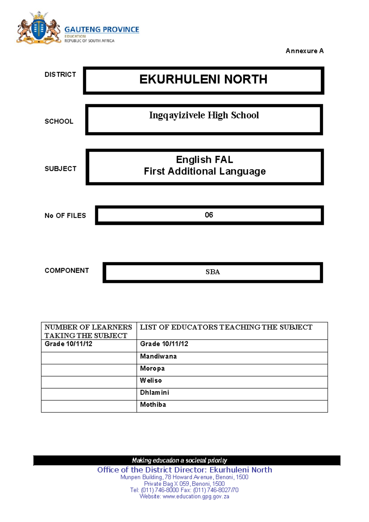 SBA Cover Pages for English FAL - Annexure A & B - Studocu