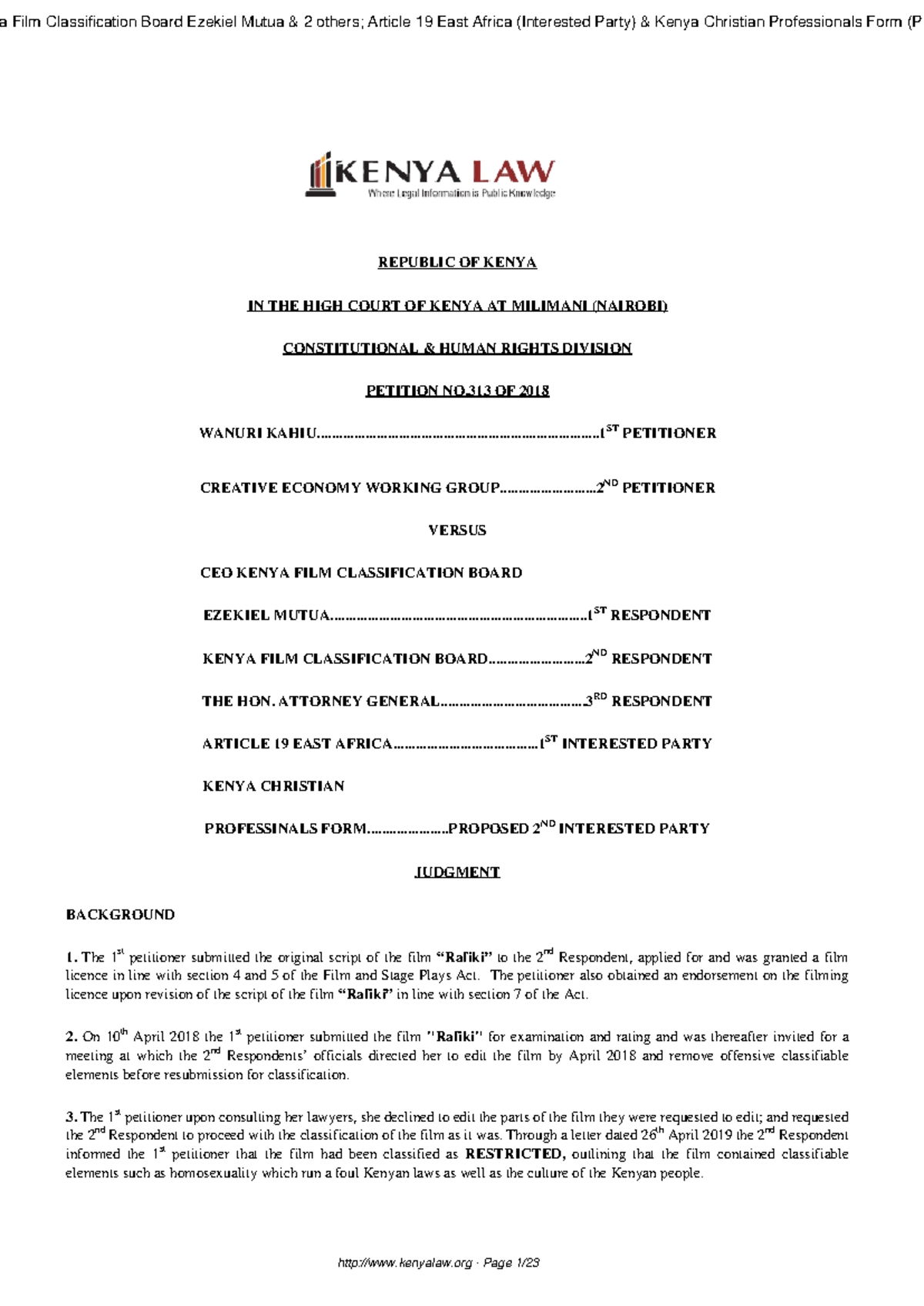 Petition 313 of 2018: Constitutional Challenge to Film Classification ...