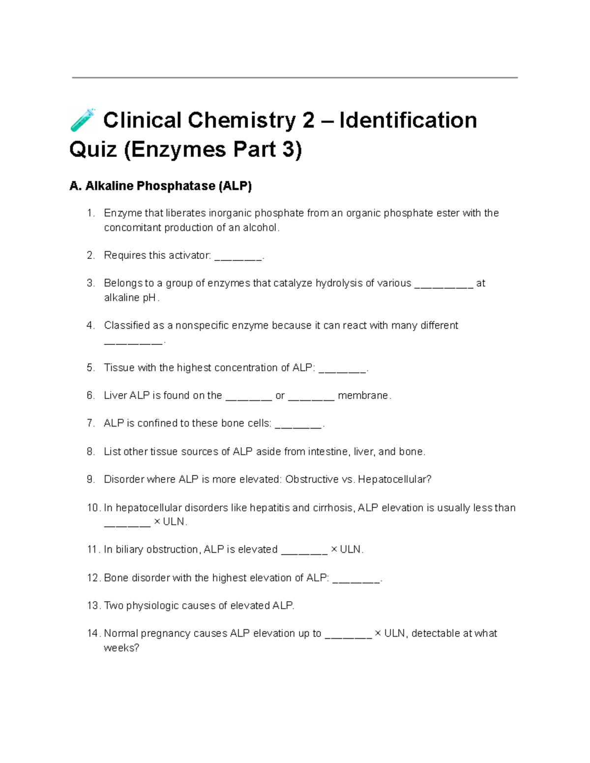 Clinical Chemistry 2 - Enzymes Identification Quiz (Part 3) - Studocu