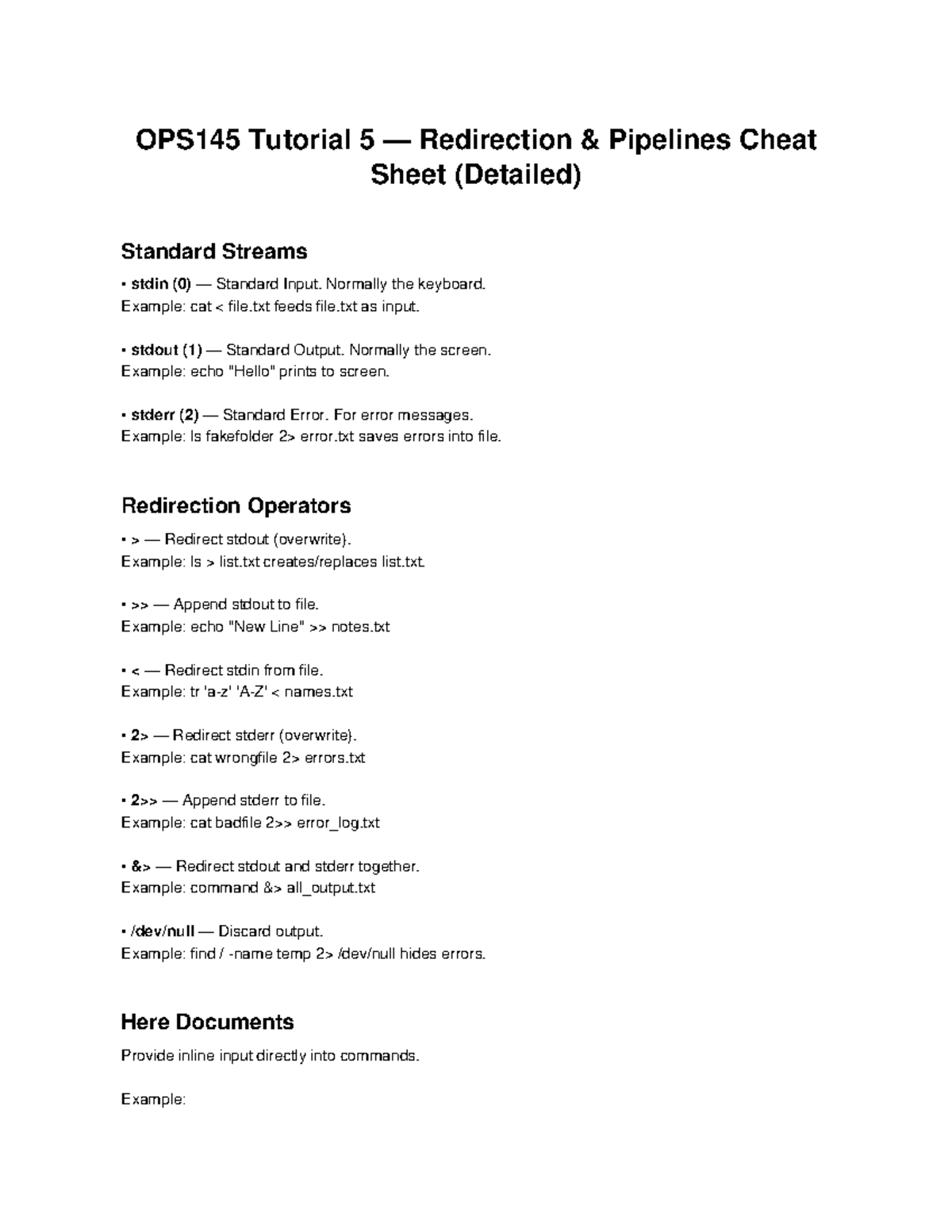 OPS145 Tutorial 5 Cheat Sheet: Redirection & Pipelines Guide - Studocu