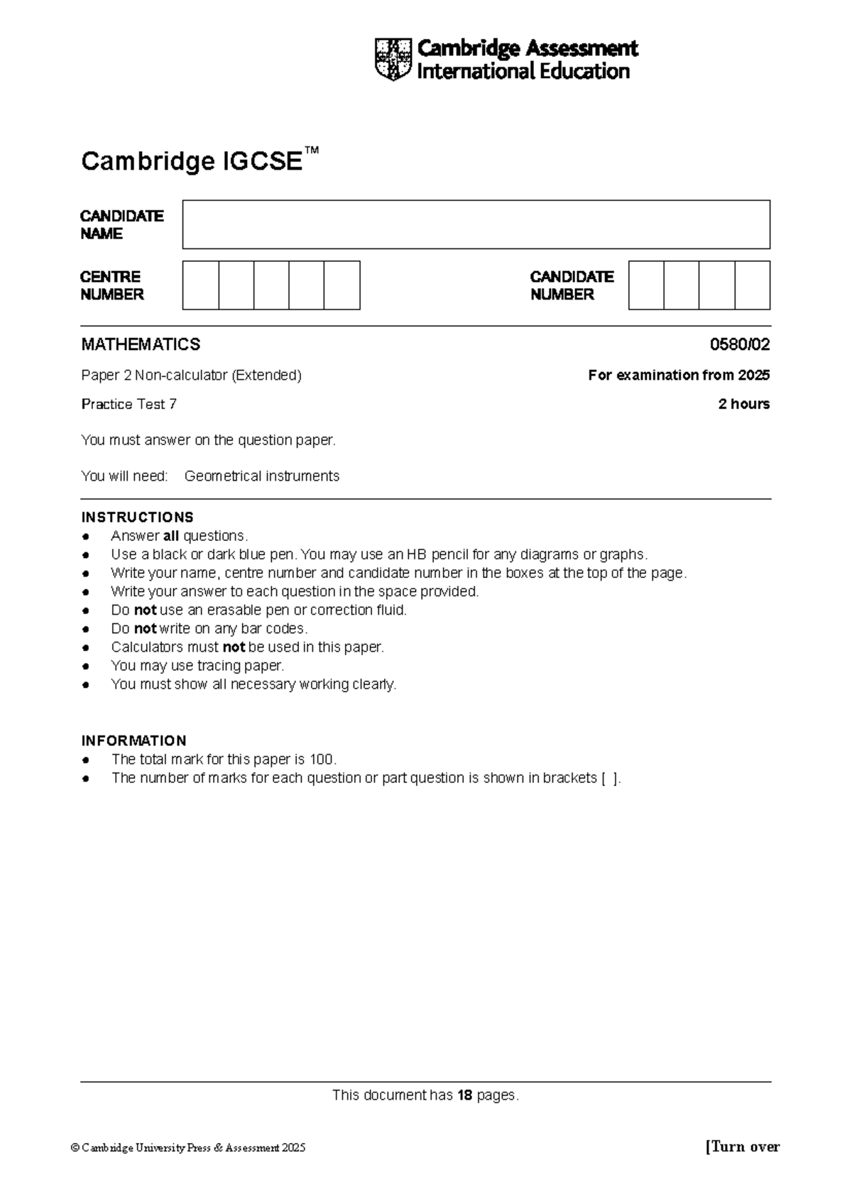 Mathematics IGCSE 0580 Practice Test 7 - Non-Calculator Paper 2 - Studocu