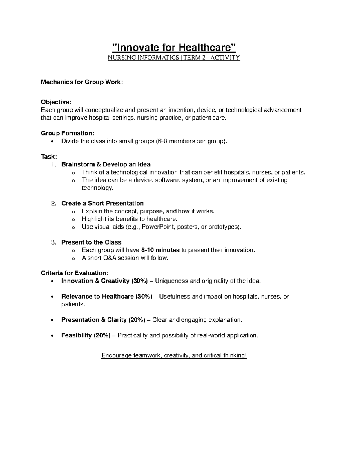 NURSING INFORMATICS TERM 2: Group Project Mechanics for Innovation ...