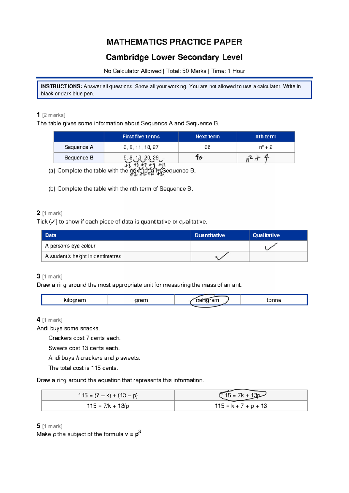 Mathematics Practice Paper: Cambridge Lower Secondary Level (No ...