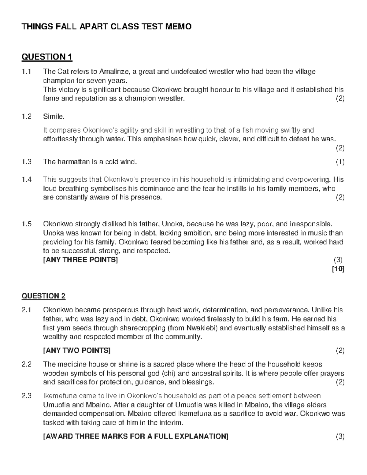 Things Fall Apart Class Test Memo Analysis and Answers - Studocu