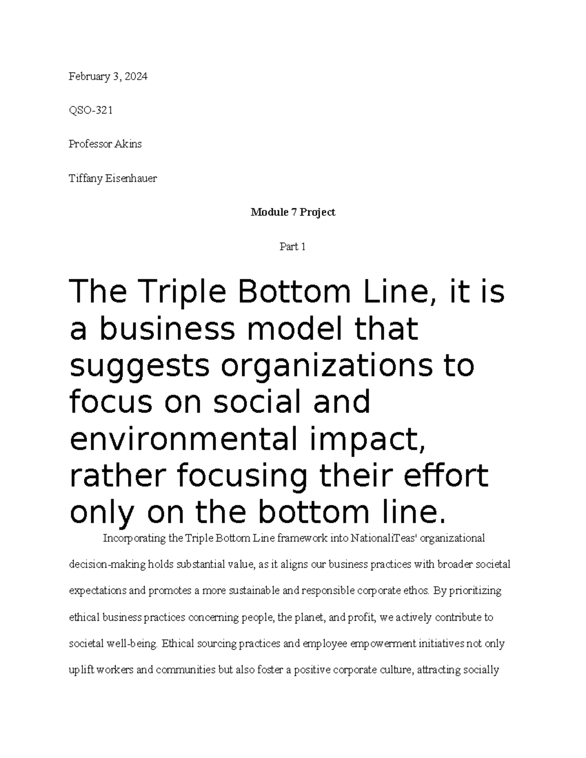 QSO-321 Module 7 Project: Embracing the Triple Bottom Line Framework ...