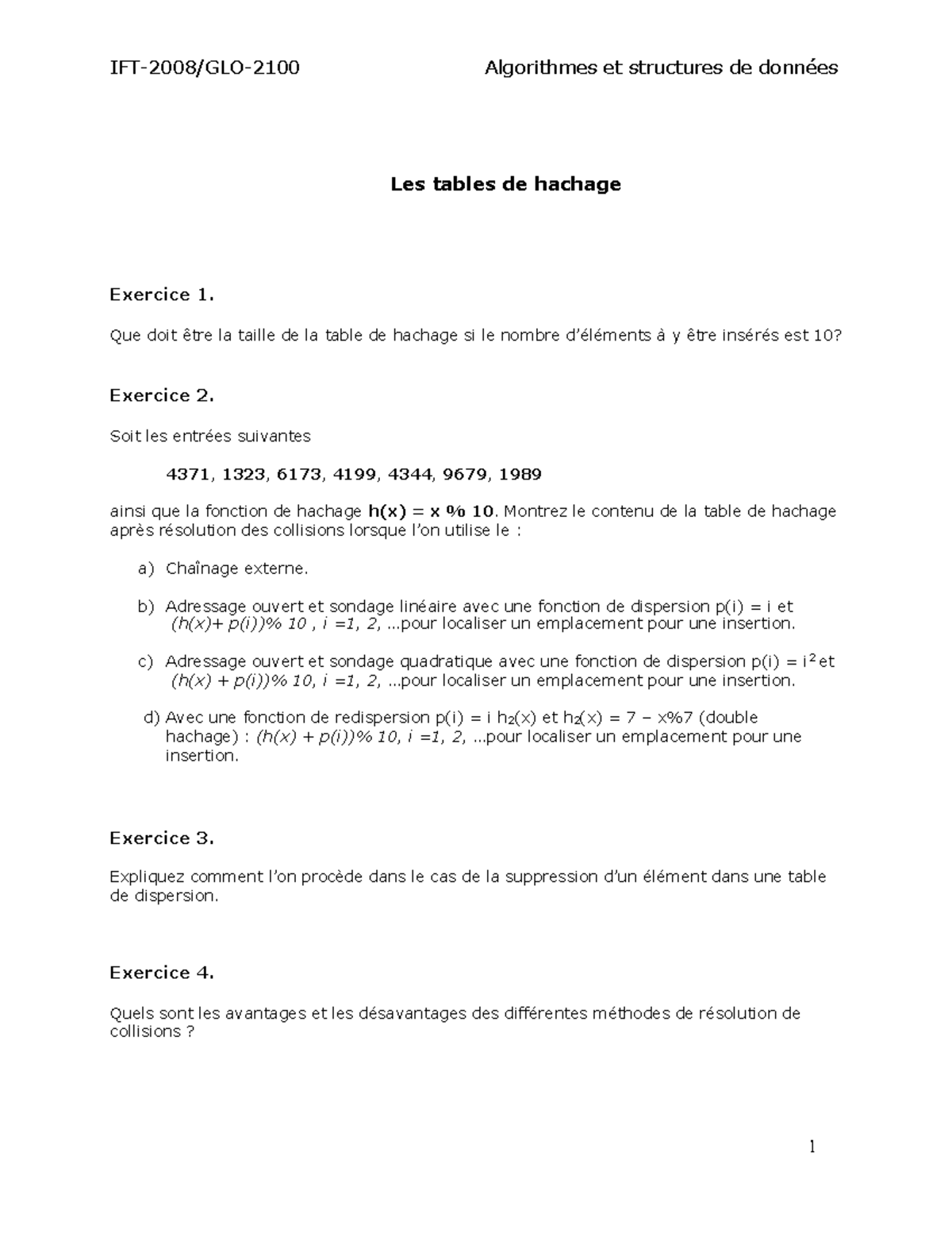 Exercices Hachage pour IFT-2008/GLO-2100: Algorithmes et Structures - Studocu