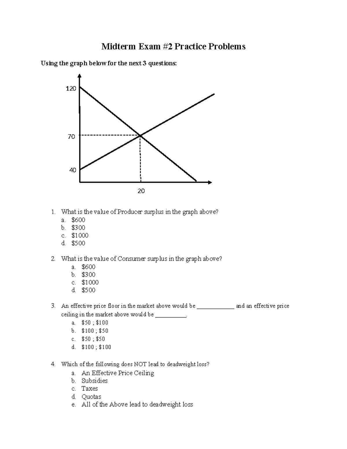 Midterm Exam #2 Practice Problems - Midterm Exam #2 Practice Problems Using the graph below for ...