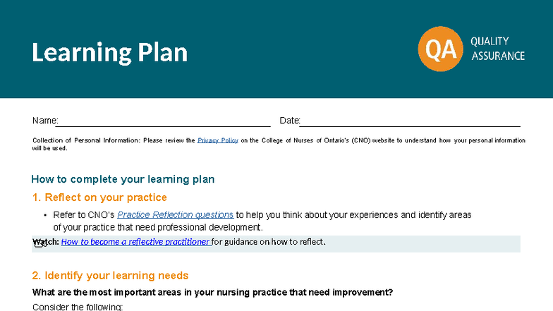 CNO QA - 2023 Learning Plan Template for Nursing Practice - Studocu