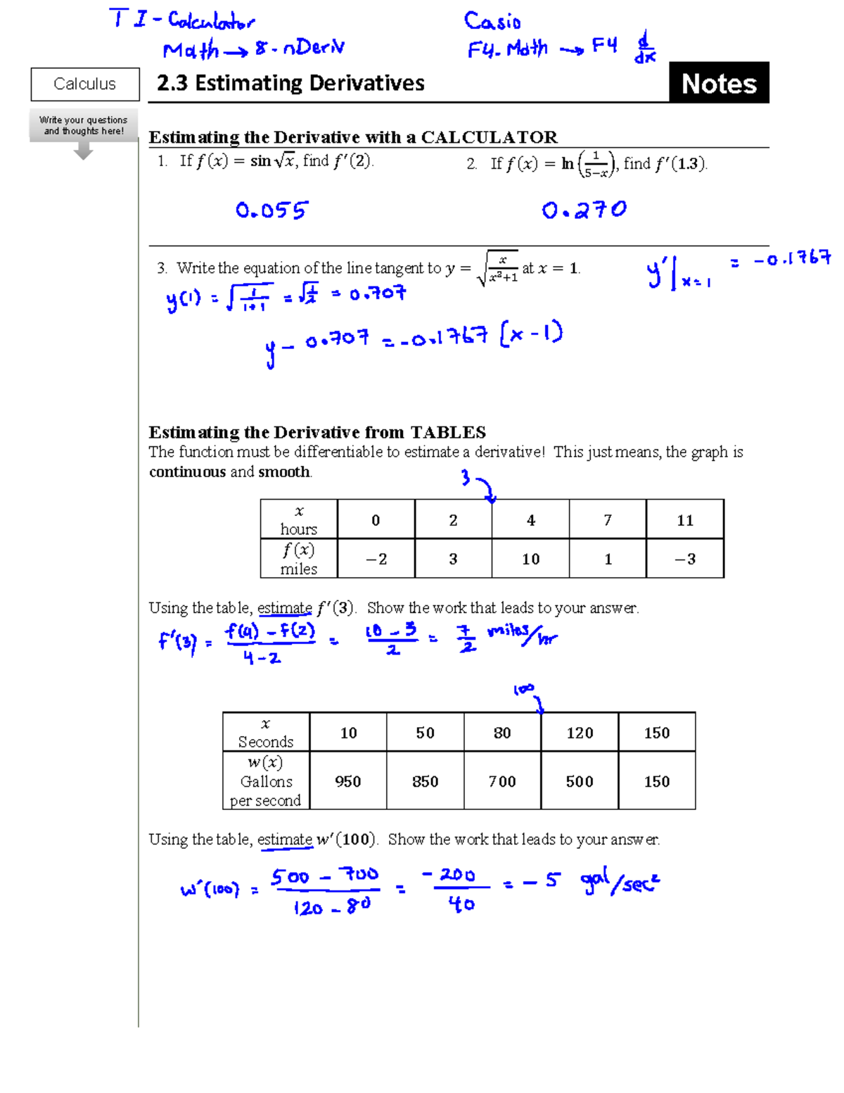 Calculus 2.3 Estimating Derivatives Study Notes and Key - Studocu