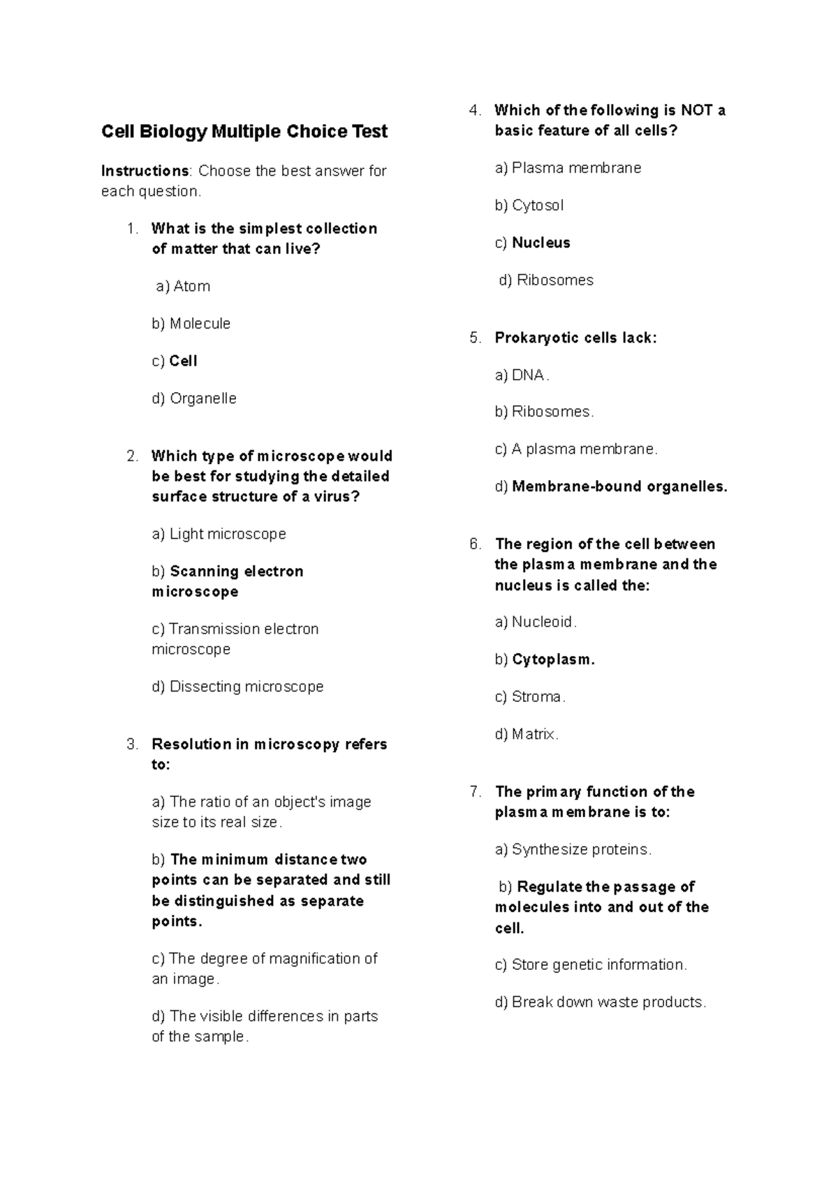 Cell Biology Multiple Choice Test - Cell Biology Multiple Choice Test ...