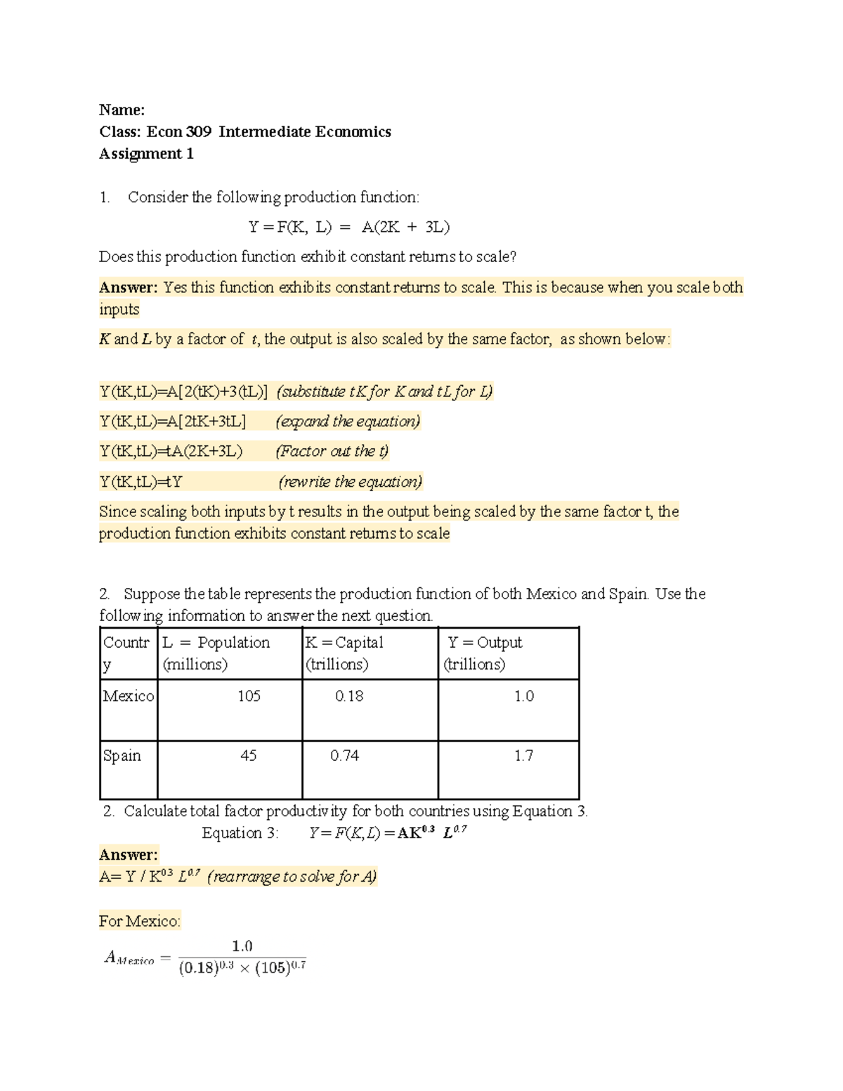 Intermediate Economics Assignment 1 - Name: Class: Econ 309 Intermediate Economics Assignment 1 ...