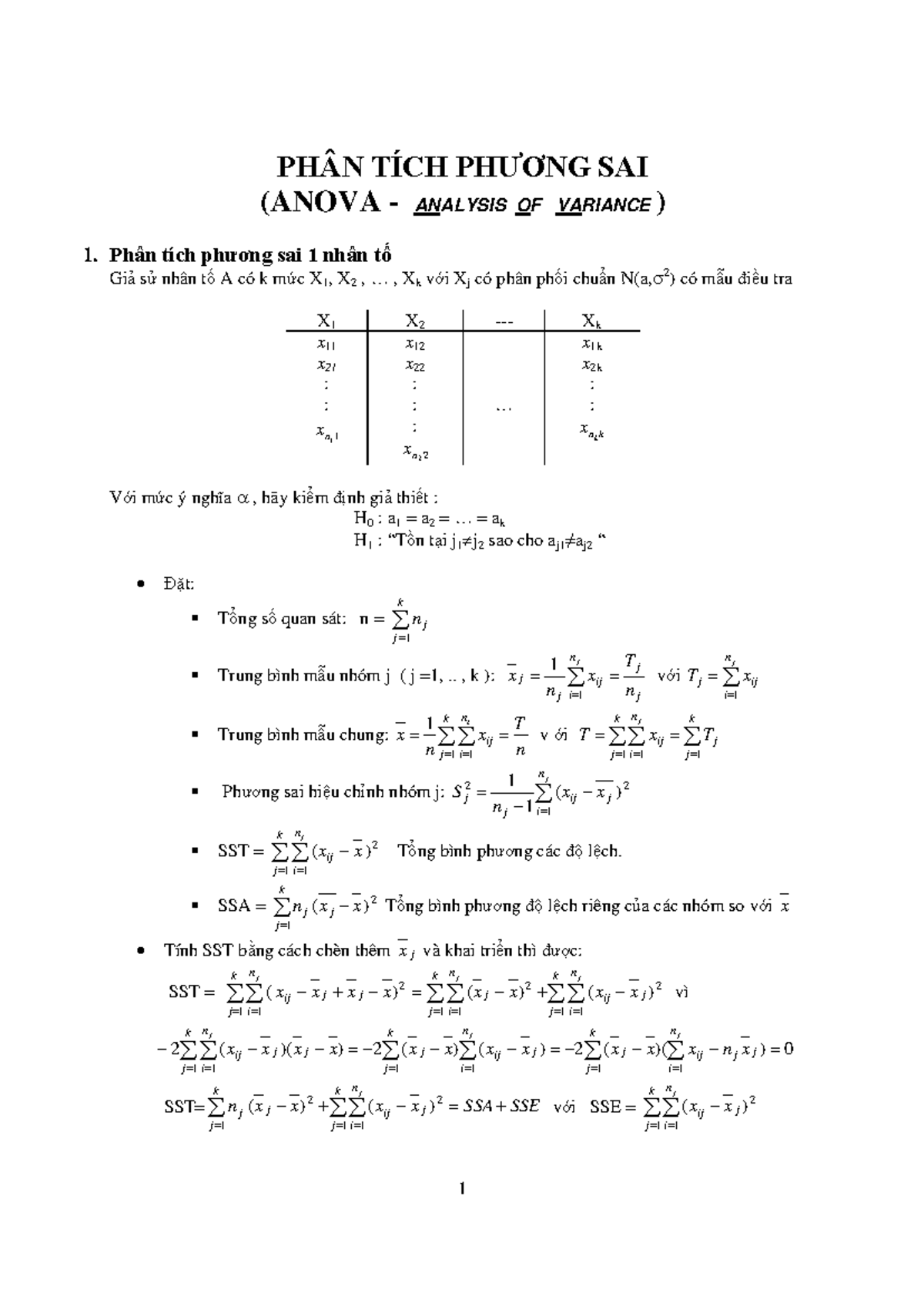 Anova - Mas291 - PHÂN TÍCH PHƯƠNG SAI (ANOVA - ANALYSIS OF VARIANCE ) 1 ...