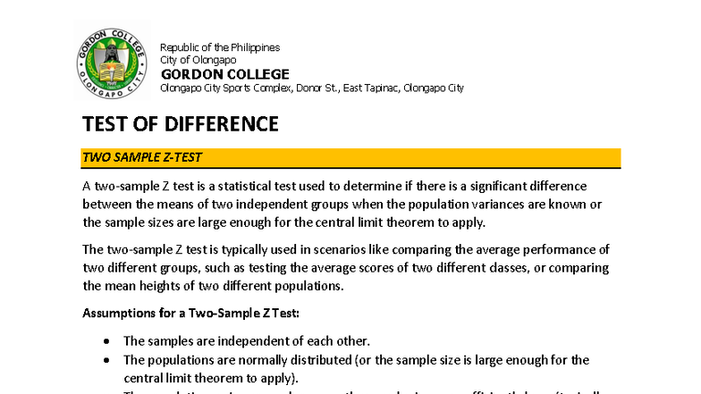 Hypothesis Testing: 2 Sample Z Test Formula & Examples - Studocu