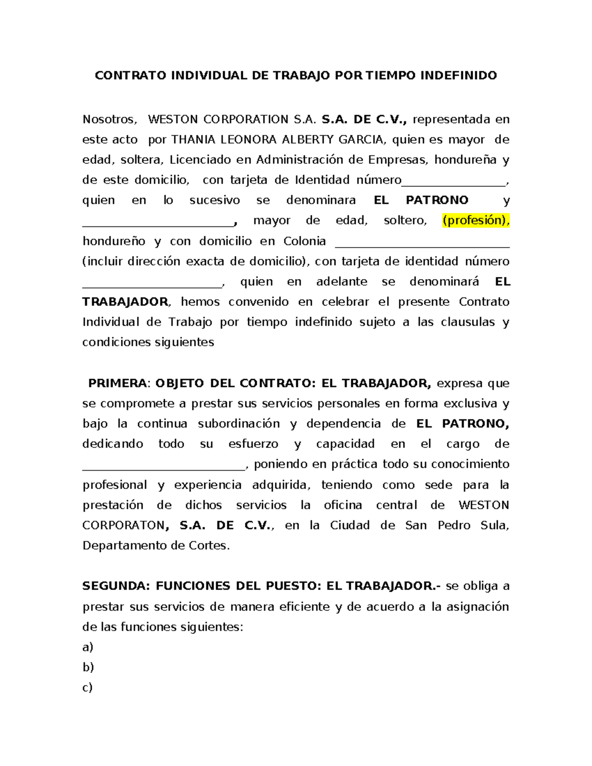 Contrato Individual de Trabajo por Tiempo Indefinido - WESTON C.V ...