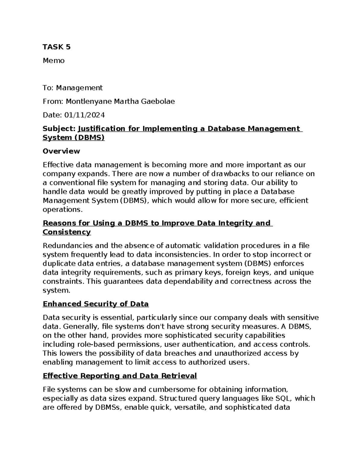 TASK 5 Memo: Justification for Implementing a DBMS - Studocu