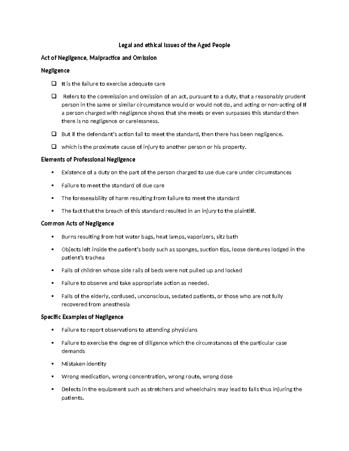 Ethical Issues in Aged Care: Negligence, Malpractice, and Rights - Studocu