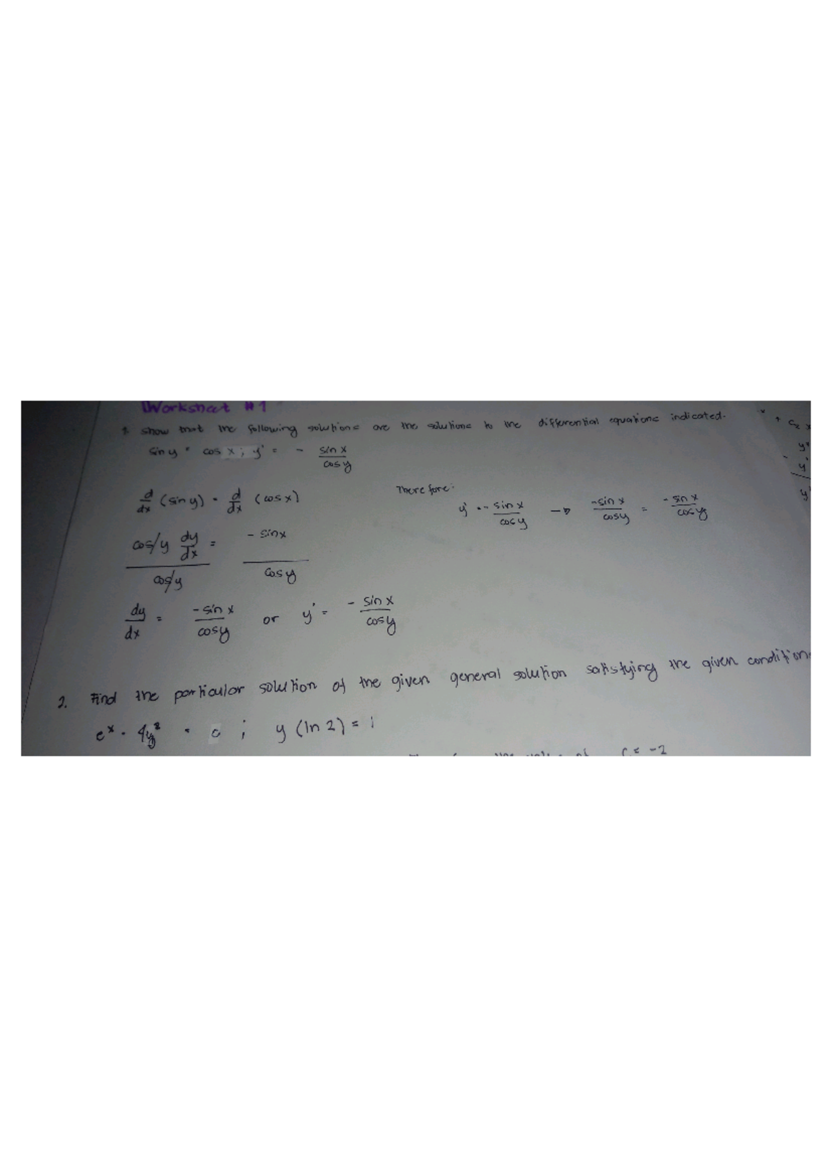 Differential Equation - Worksheet show that the following solutions are ...