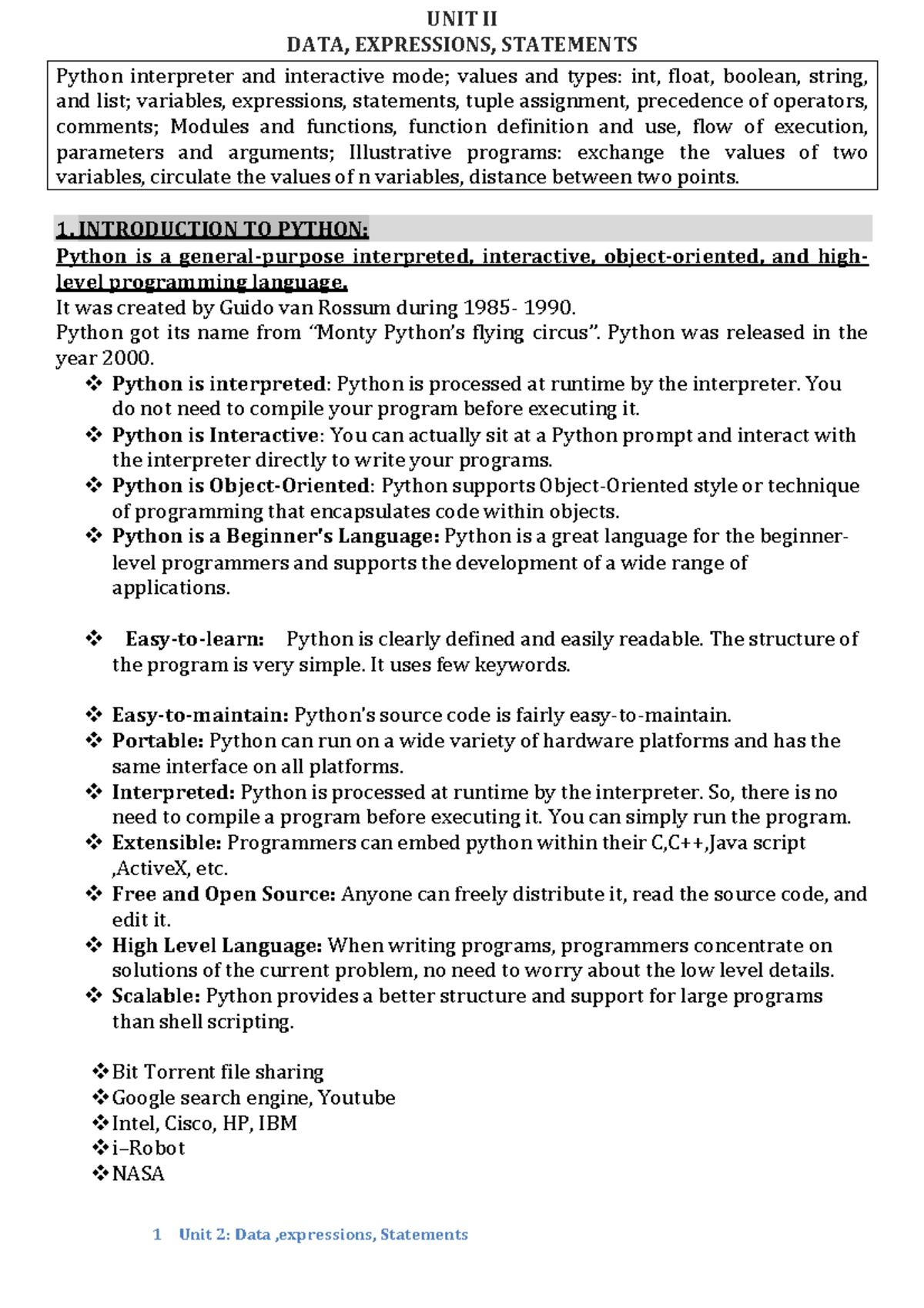 Unit II - PSPP - Data, Expressions, and Statements in Python - Studocu