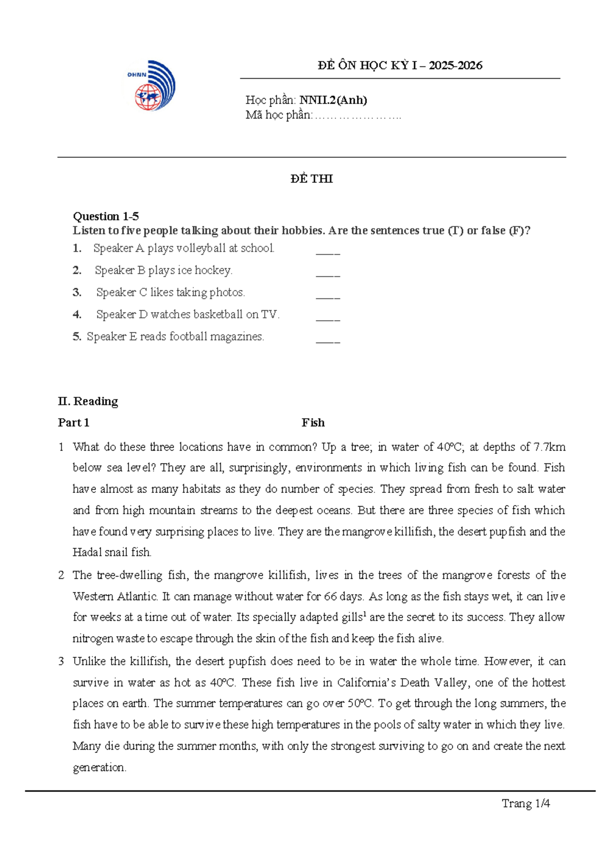 ĐỀ ÔN HỌC KỲ I NNII.2(Anh) - Revision Notes and Exercises - Studocu