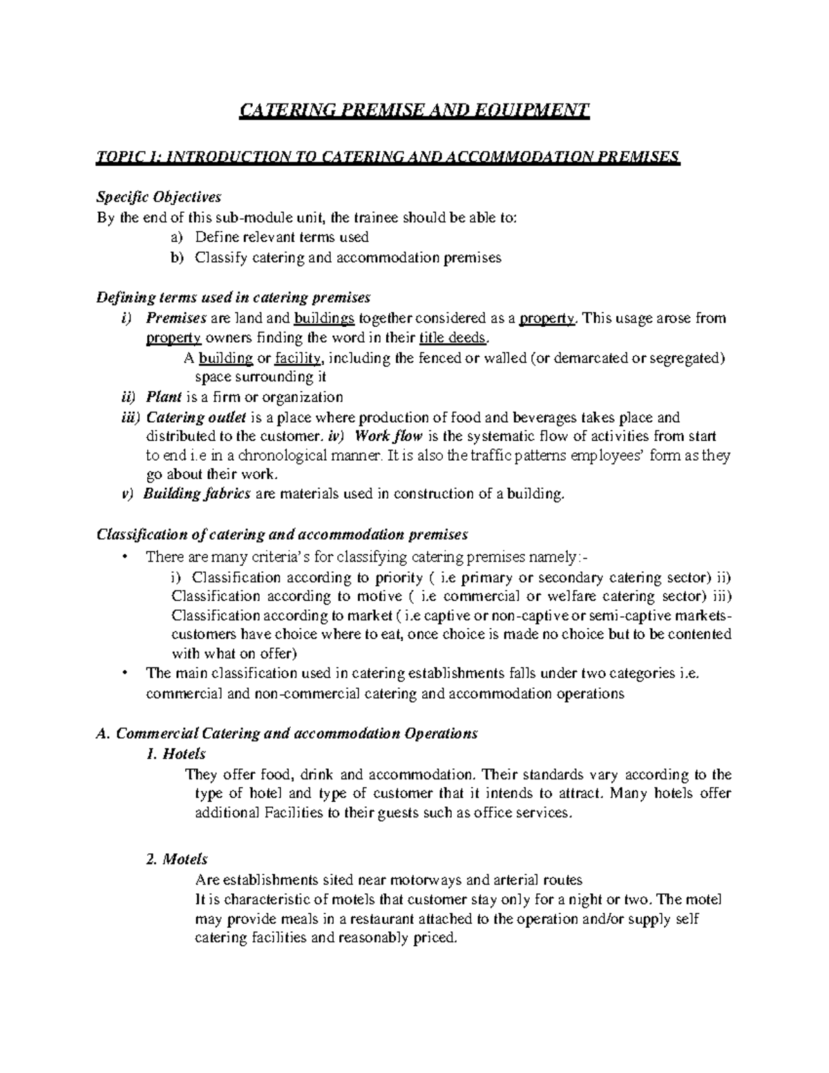 Catering Premise & Equipment Notes: Intro, Classifications & Legal ...
