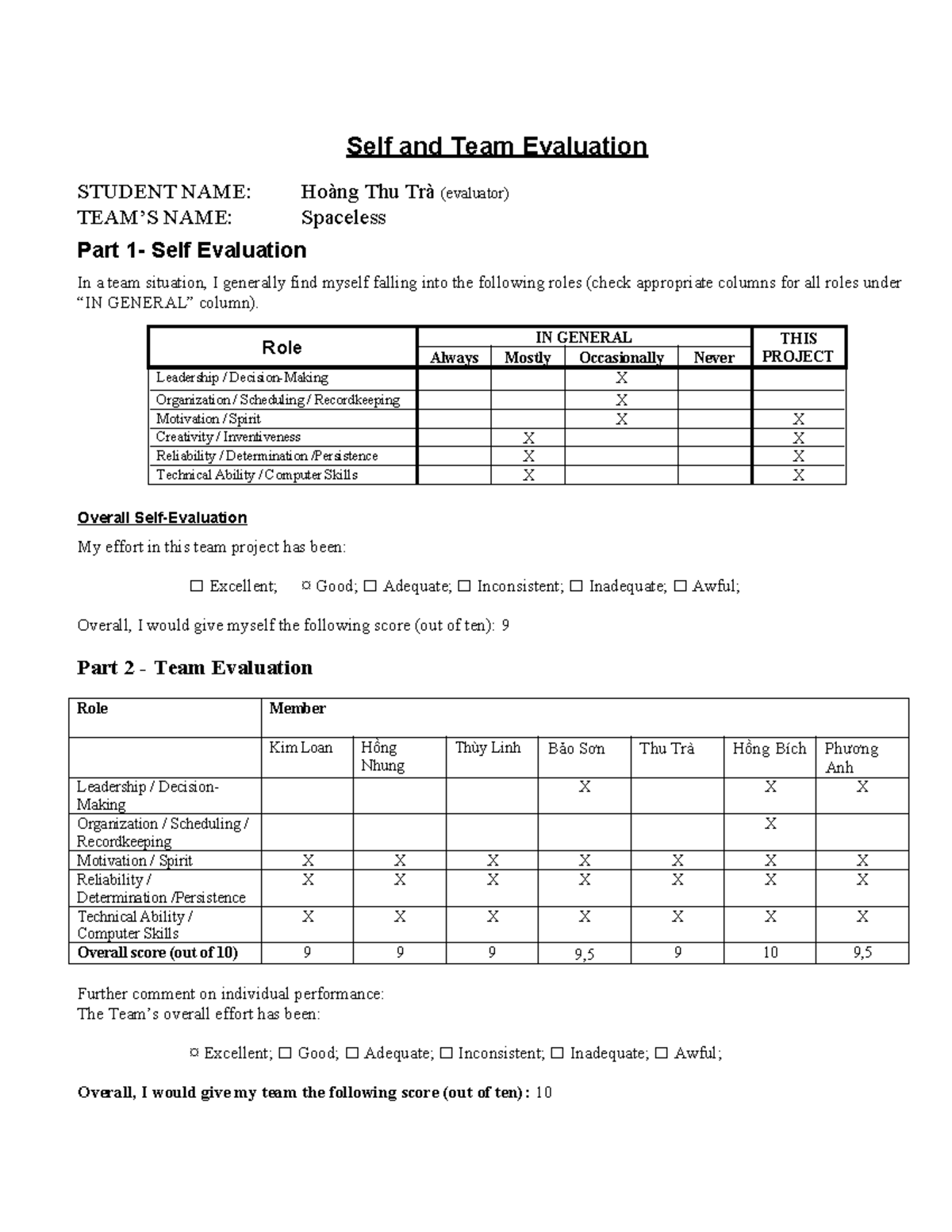 2025 Individual evaluation form - Self and Team Evaluation STUDENT NAME ...