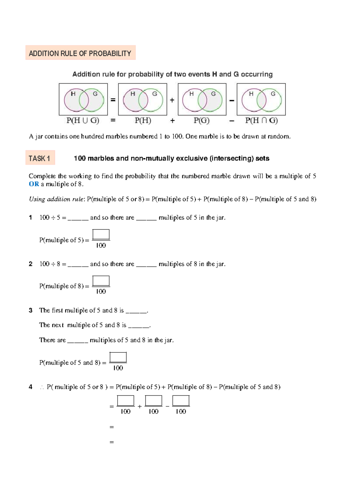 Probability Addition Rule: Multiple of 5 or 8 in 100 Marbles - Studocu