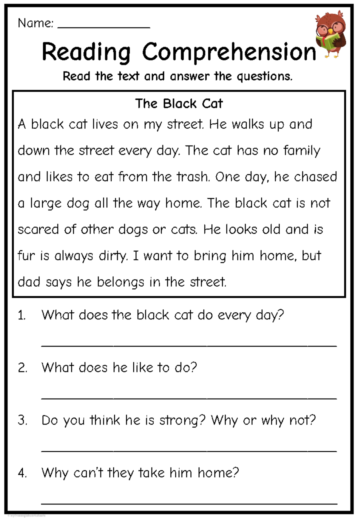 Reading Comprehension Grade 1 The Black Cat - Reading Comprehension ...