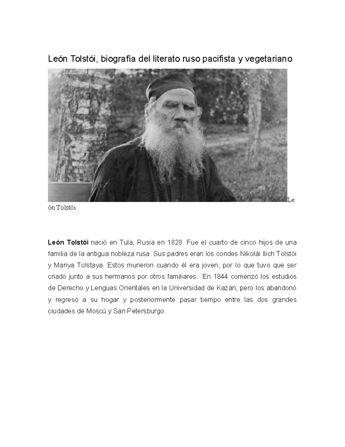 Biografía de León Tolstói: Pacifismo y Vegetarianismo - Studocu