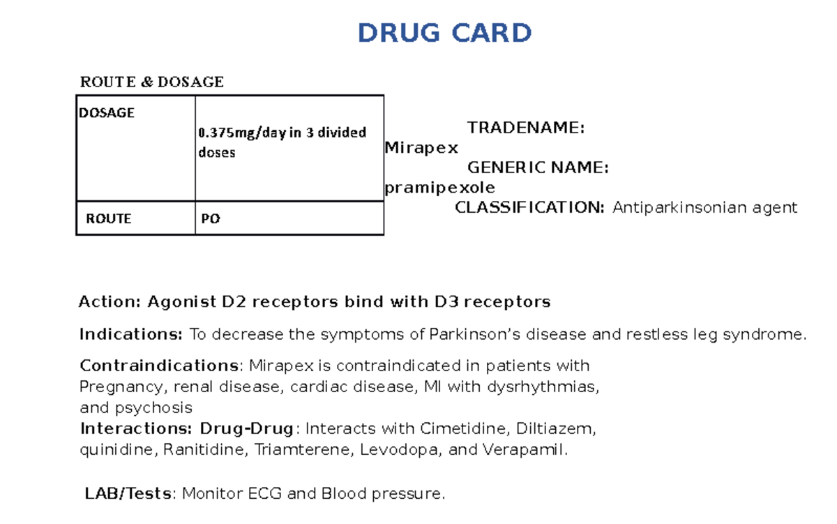 Mirapex (Pramipexole) - Drug Card for Parkinson's & RLS Treatment - Studocu