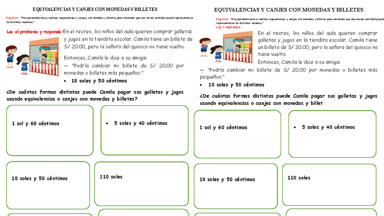 EQUIVALENCIAS Y CANJES CON MONEDAS Y BILLETES - Ficha MATE JUEV 6 - Studocu