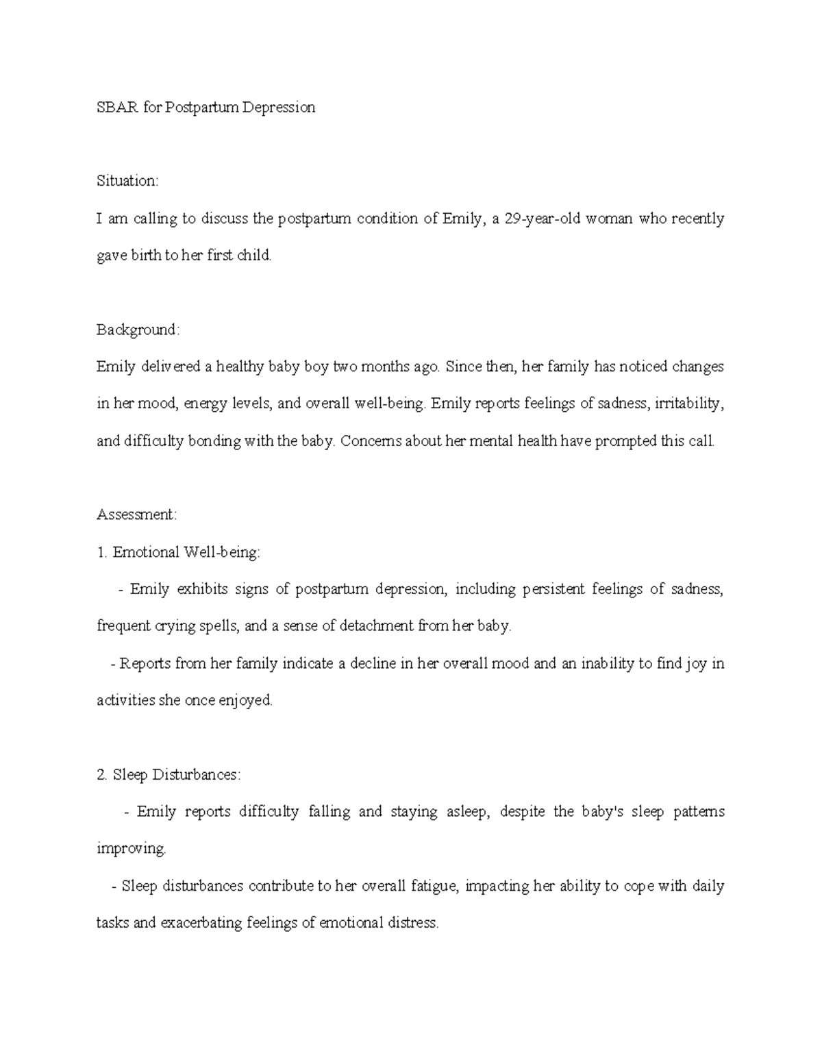 SBAR Analysis for Postpartum Depression Case Study - Studocu