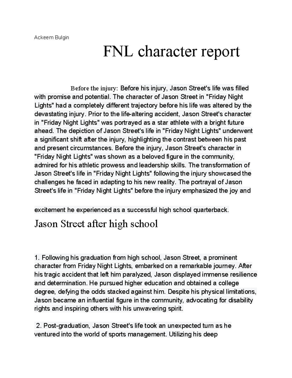 FNL Character Analysis: Jason Street's Journey Before the Injury - Studocu