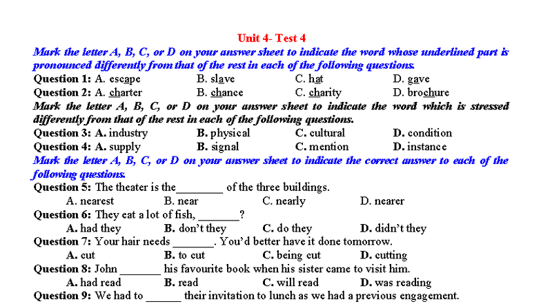HS UNIT 4 TEST 4 - Pronunciation, Stress, and Comprehension Questions ...