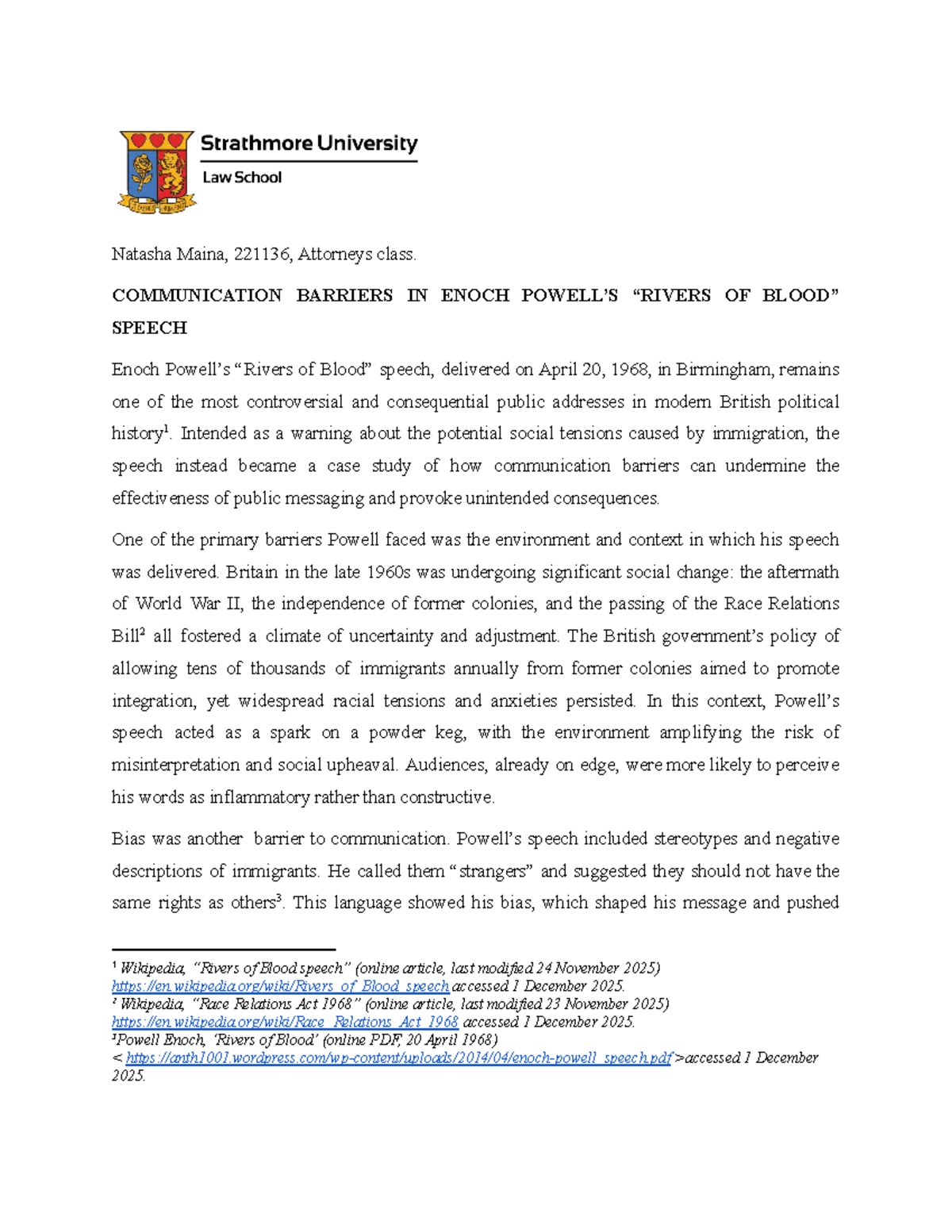 Communication Barriers in Enoch Powell's Speech - Attorneys Class ...