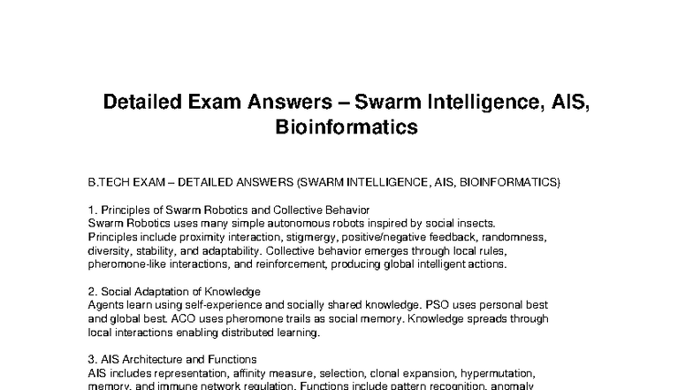B.TECH EXAM DETAILED ANSWERS: SWARM INTELLIGENCE, AIS & BIOINFORMATICS ...