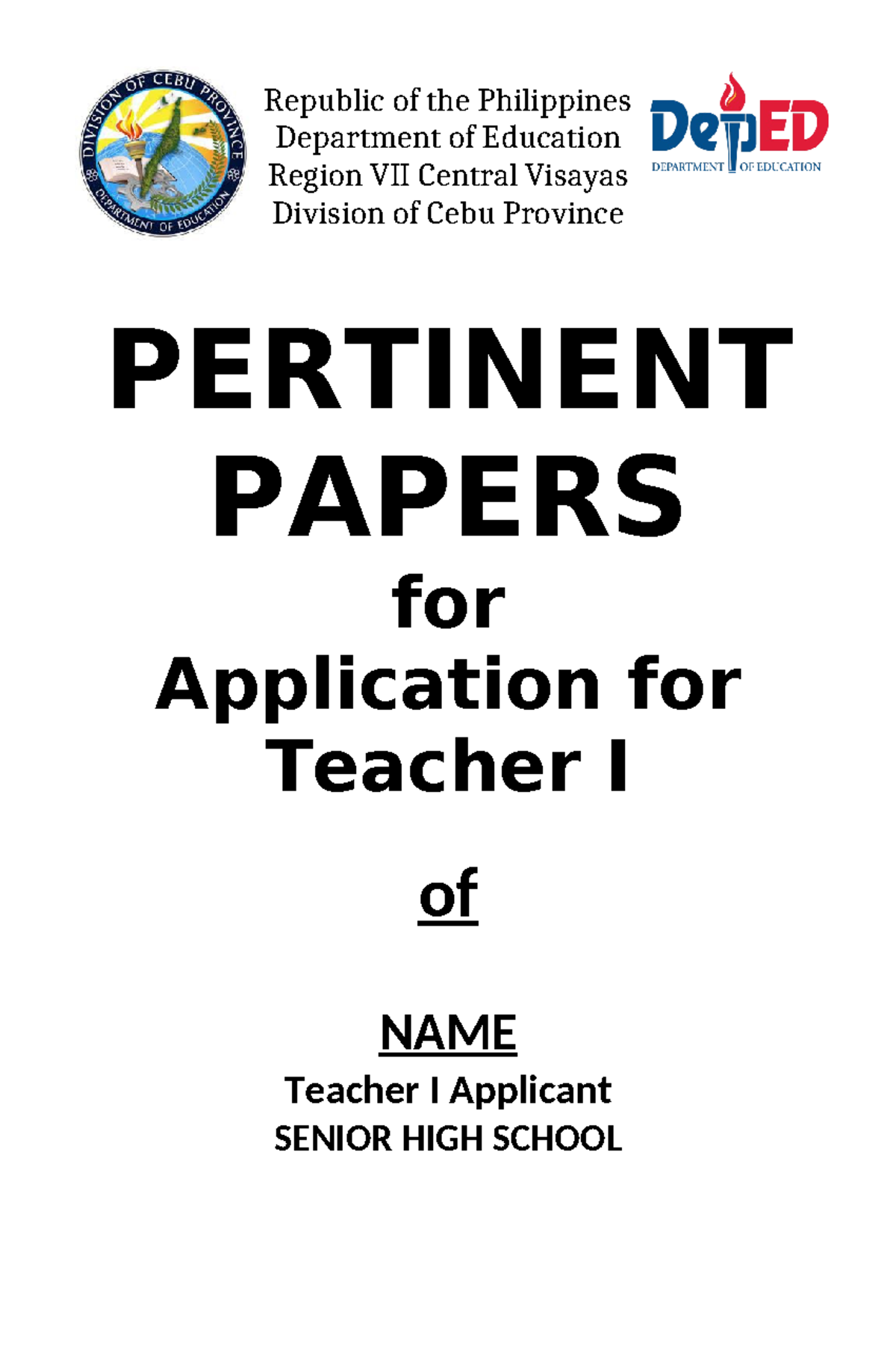 Front Page Pertinent Paper - Bachelor of Secondary Education - Republic ...