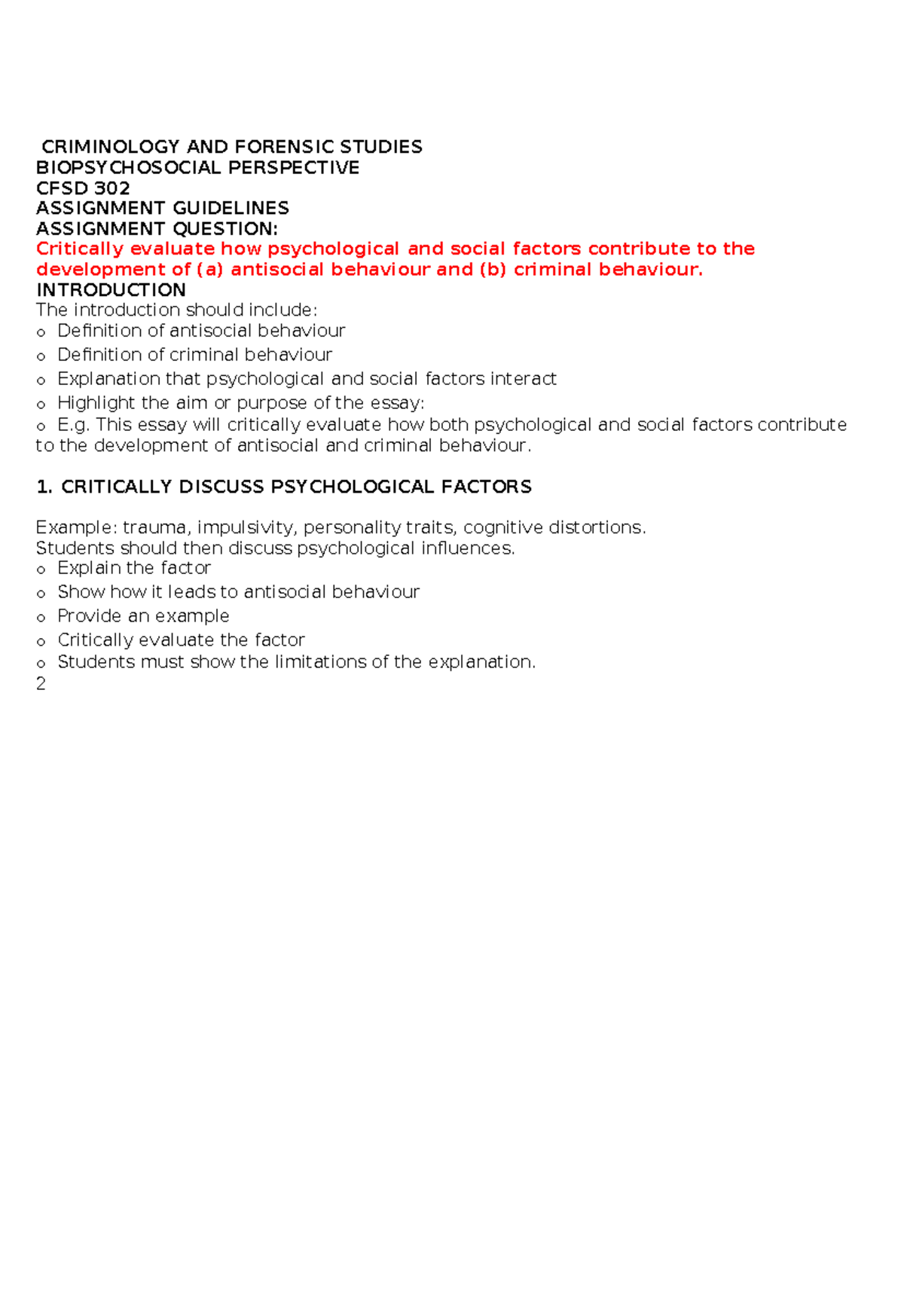 CFSD 302 Assignment: Evaluating Psychological & Social Factors in ...