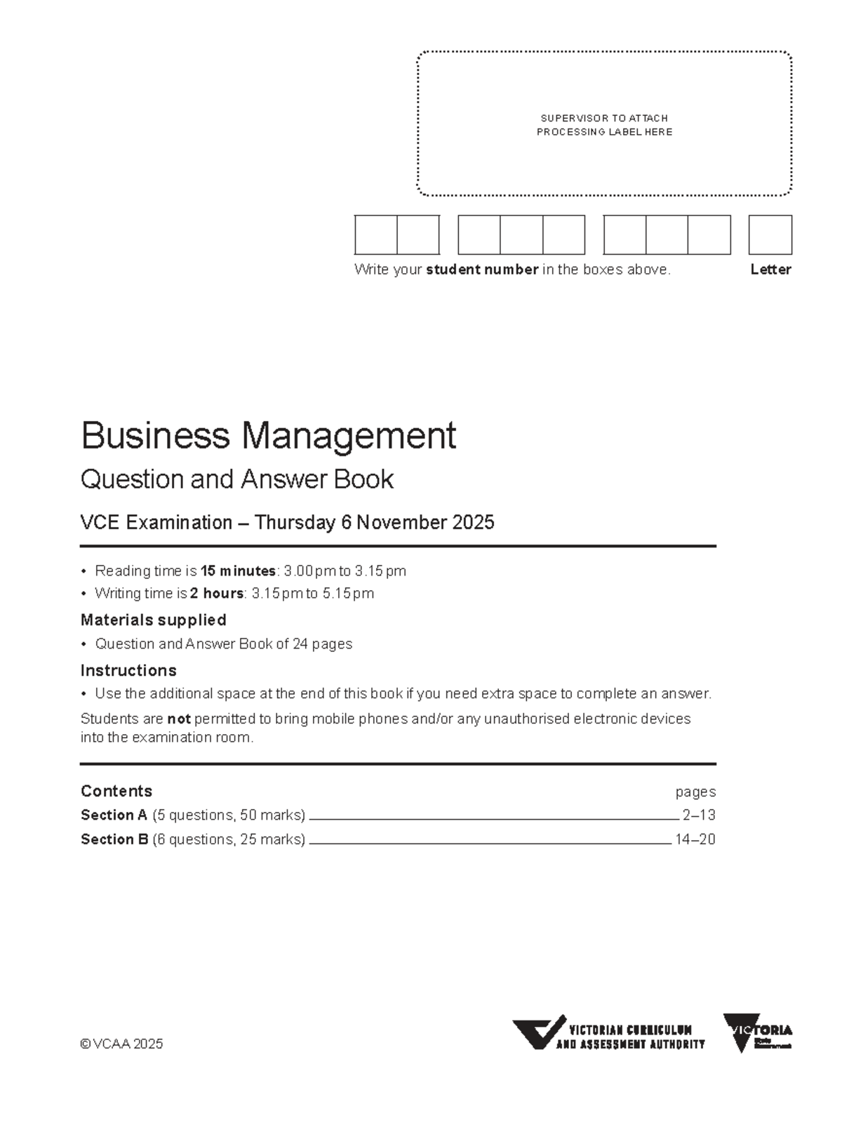 2025 VCE Business Management Exam: Question & Answer Book - Studocu