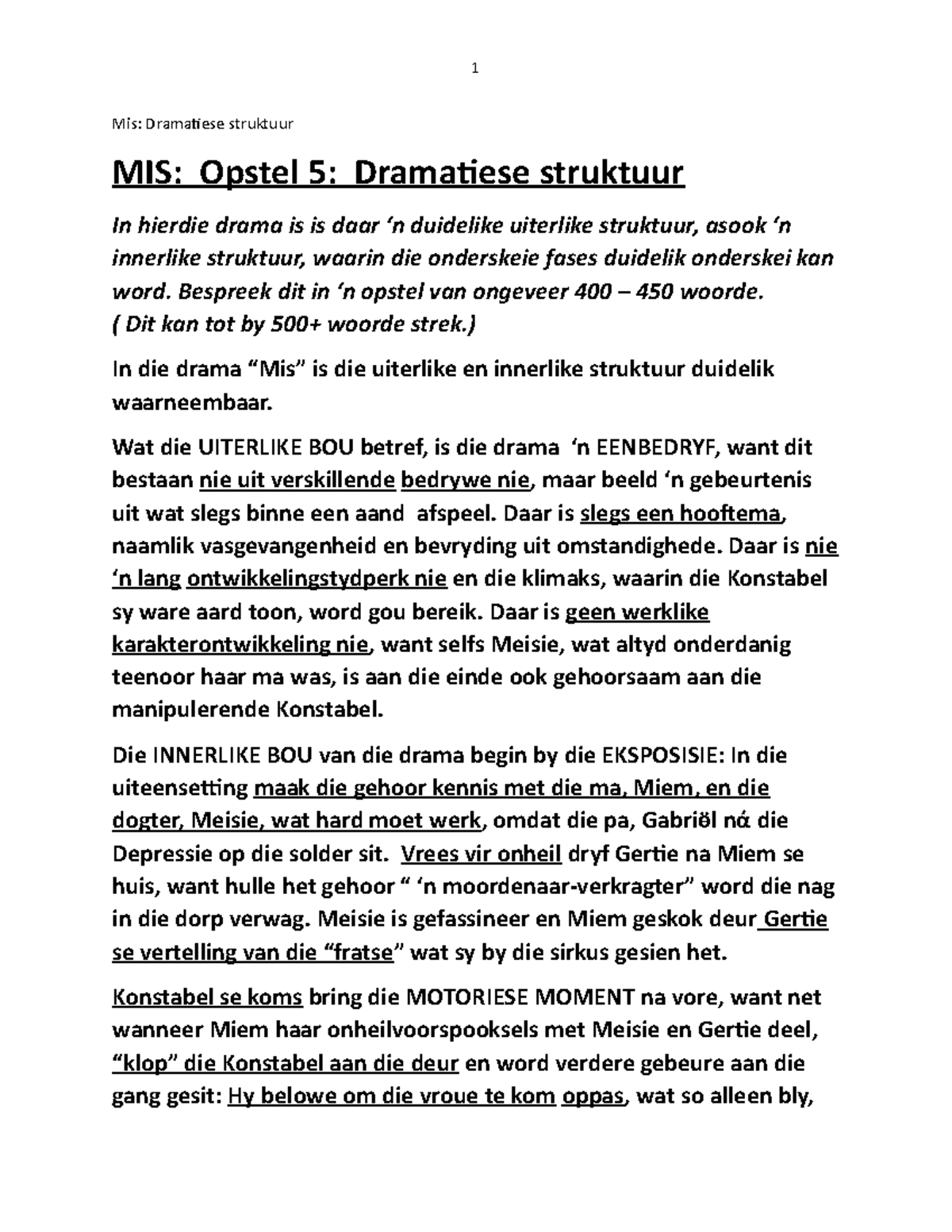 MIS 5: Opstel oor die Dramatiese Struktuur van 'Mis' - Studocu