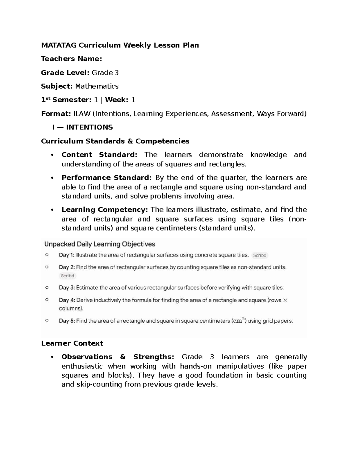 MATATAG Curriculum: ILAW LP for Math 3 - 1st Sem, Week 1 - Studocu