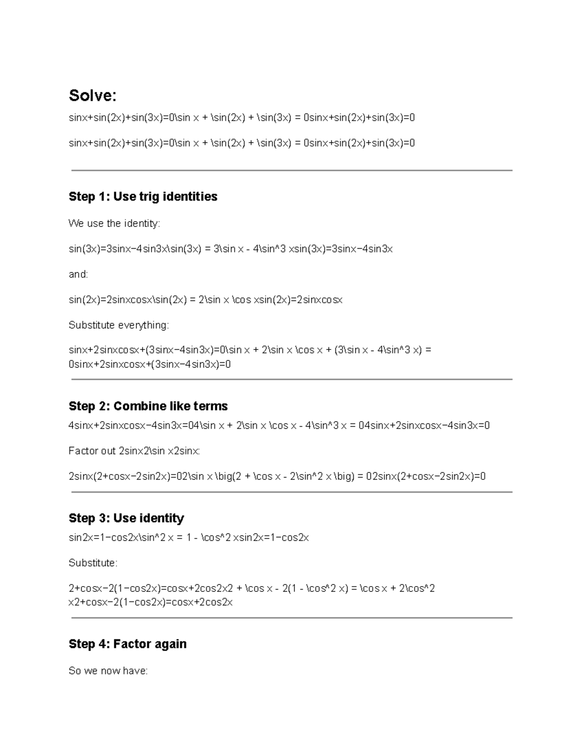 Solve - Math practice notes - Solve: sinx+sin(2x)+sin(3x)=0\sin x ...